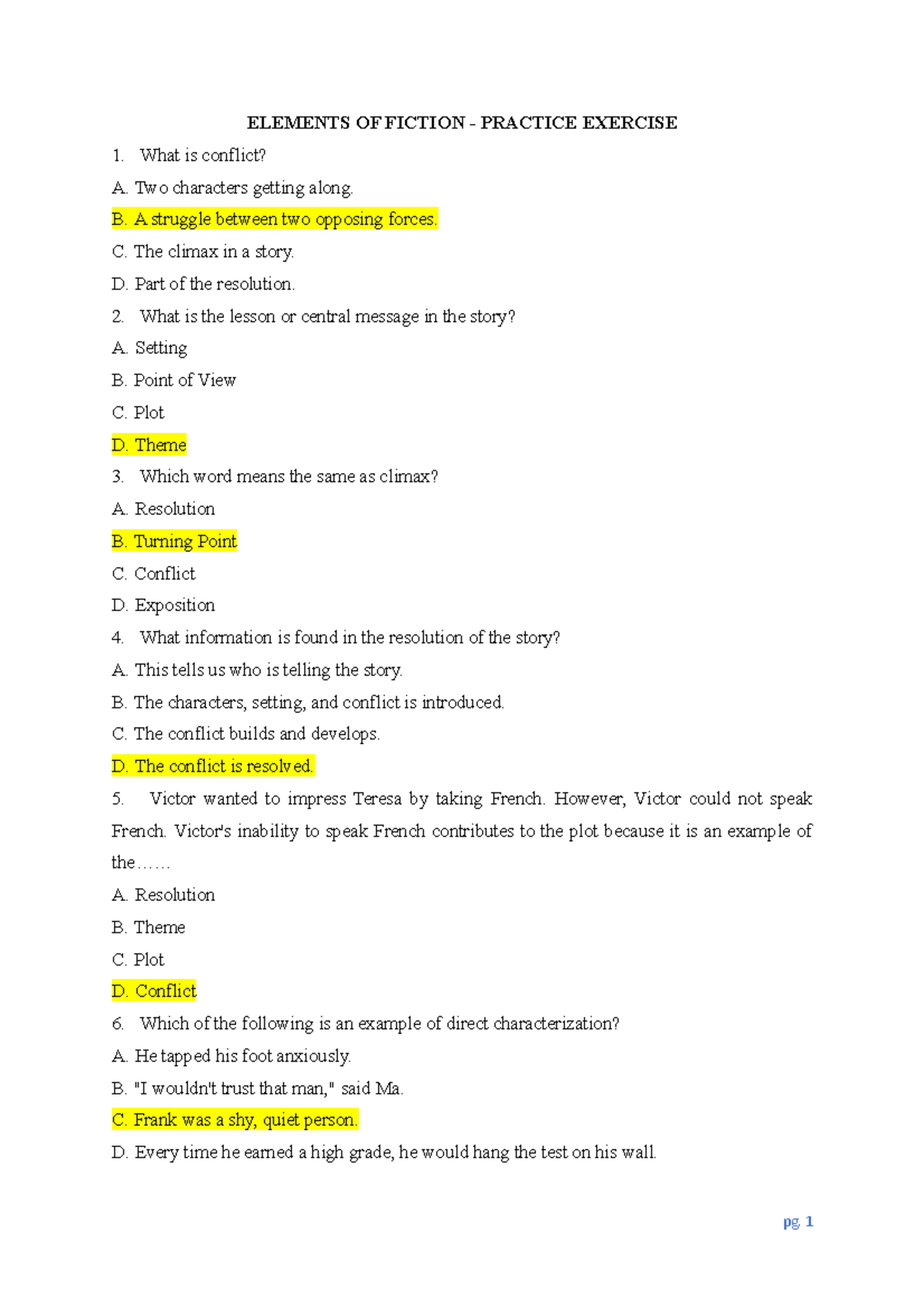 Elements of Fiction - Practice - ELEMENTS OF FICTION - PRACTICE ...