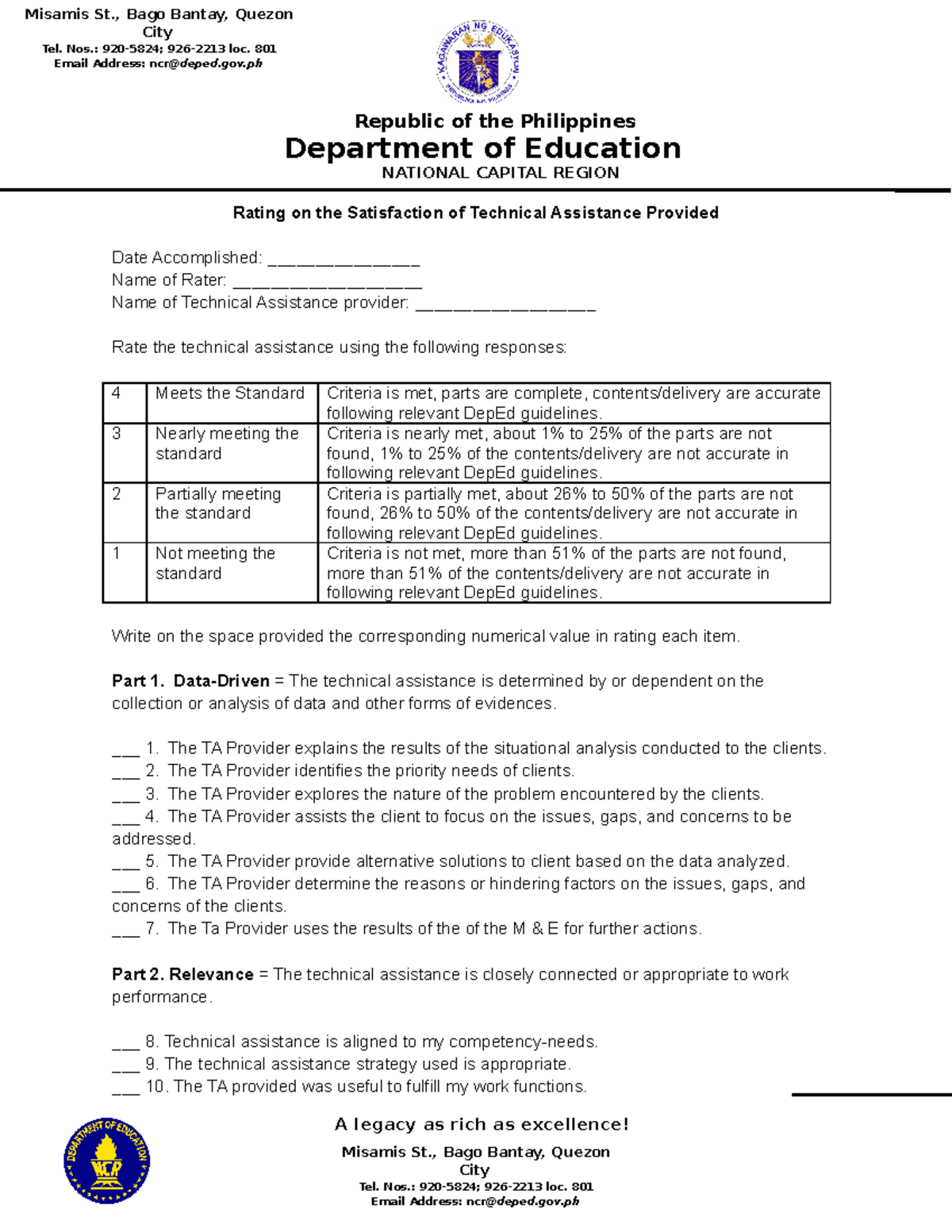 Tool-Satisfaction on Technical Assistance Provided - Republic of the ...
