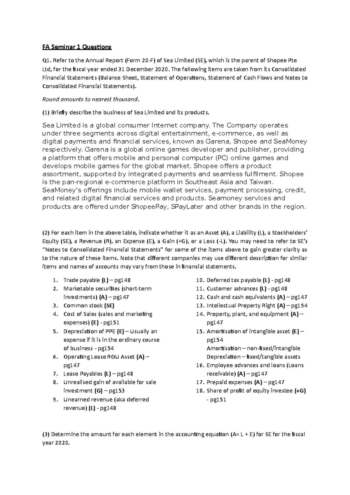 Financial Accounting Seminar 1 Questions and Answers - FA Seminar 1 ...