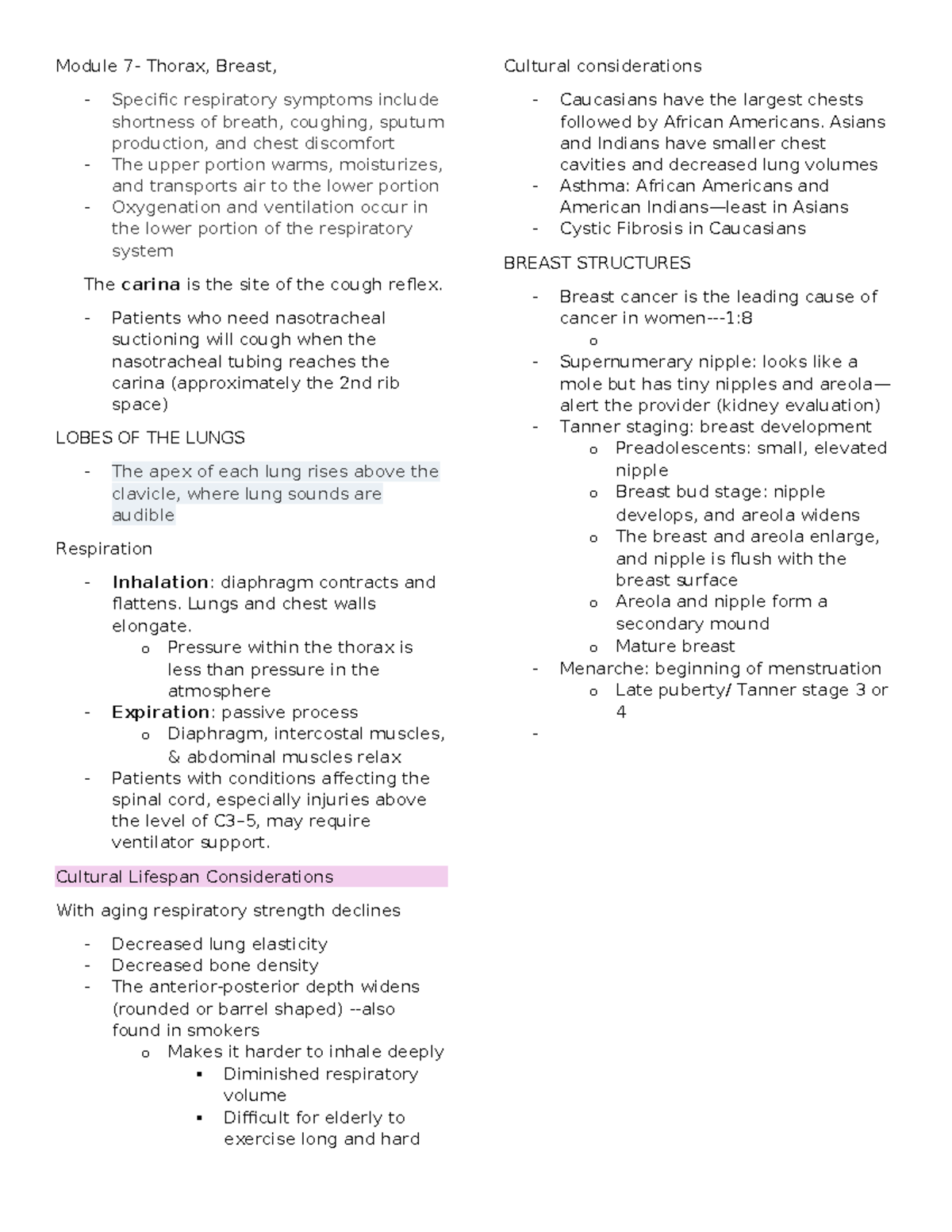 HA2 - Module 7- Thorax, Breast, - Specific respiratory symptoms include shortness of breath ...