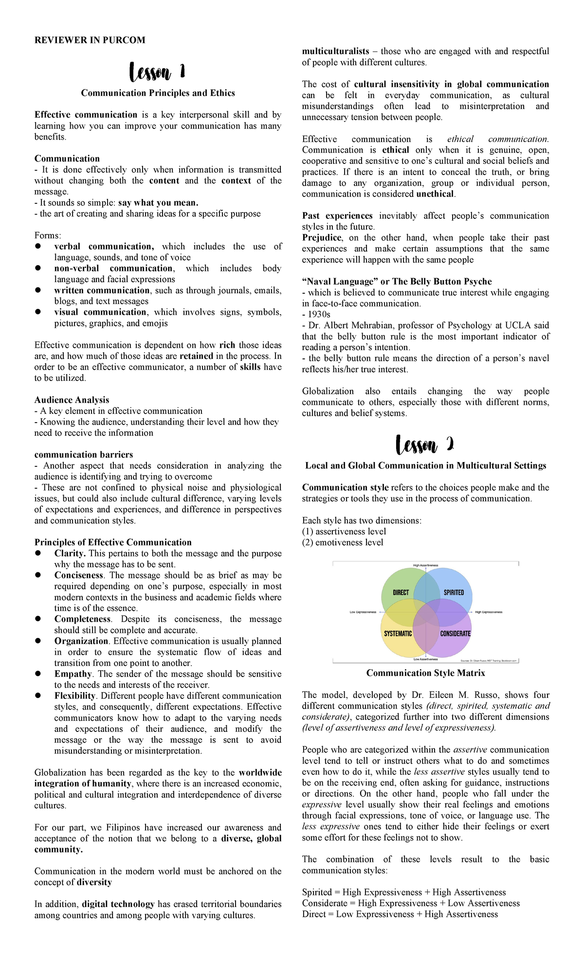 Reviewer-IN- Purcom - nohbhugyg gygyu g - REVIEWER IN PURCOM Lesson 1 Communication Principles ...