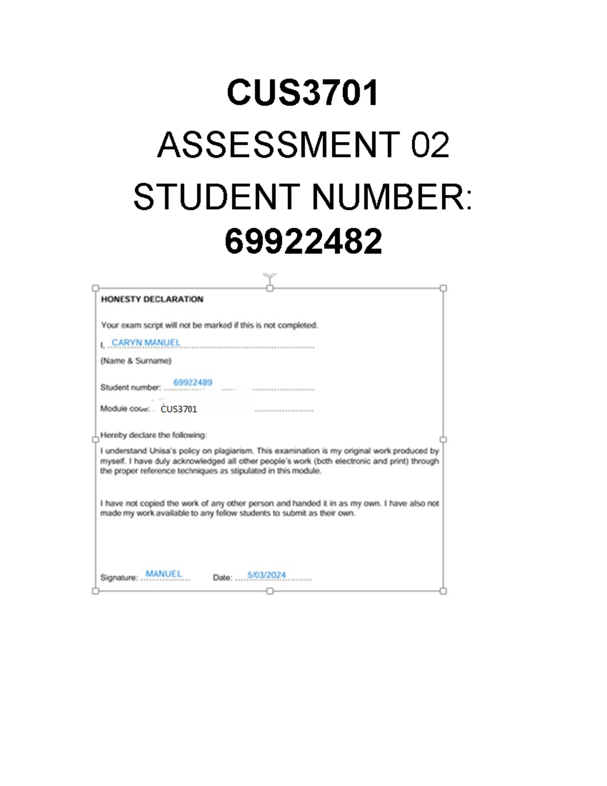 CUS3701 assessment 2 - Assignment two for CUS3710 - CUS ASSESSMENT 02 STUDENT NUMBER: 69922482 ...