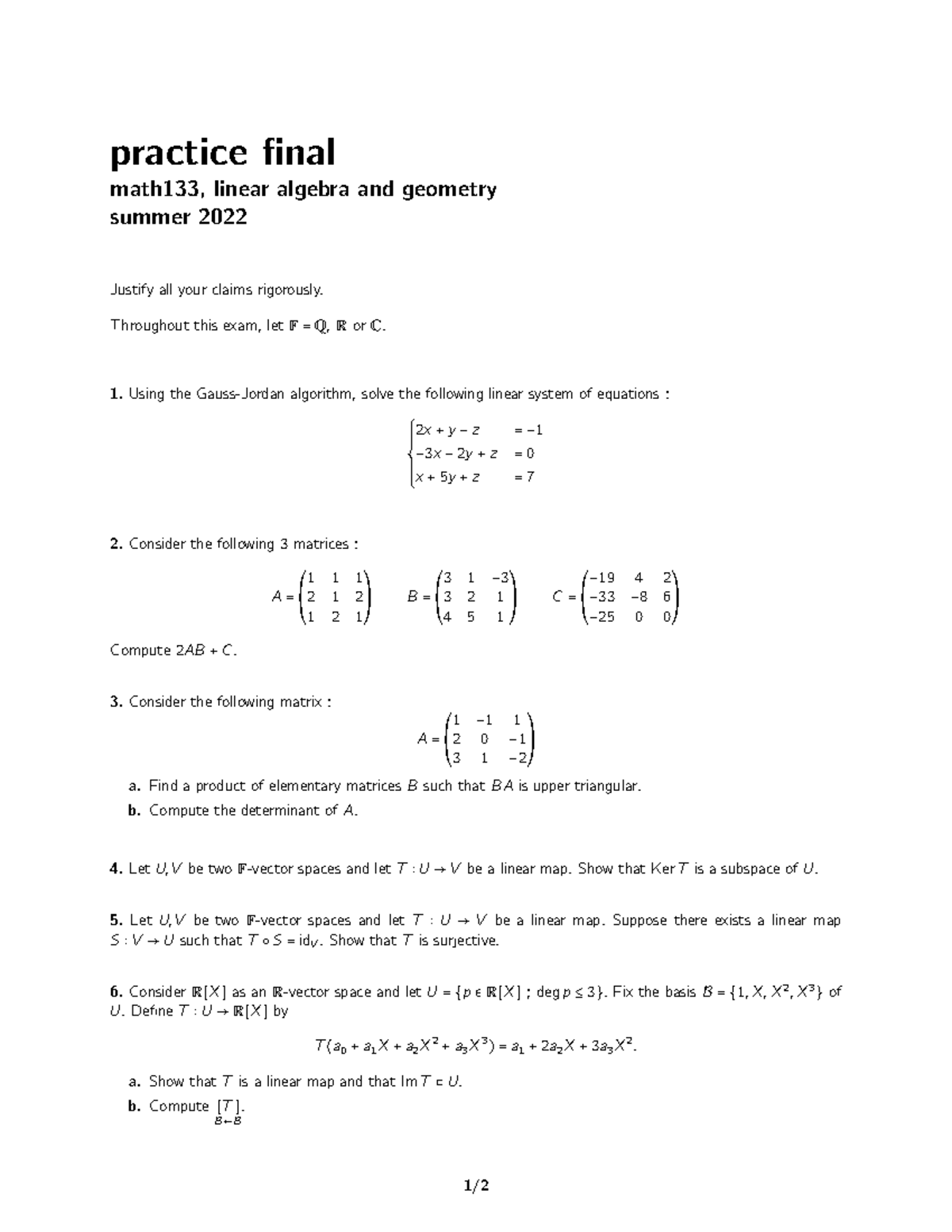 Math133 practicefinal - practice final math133, linear algebra and ...