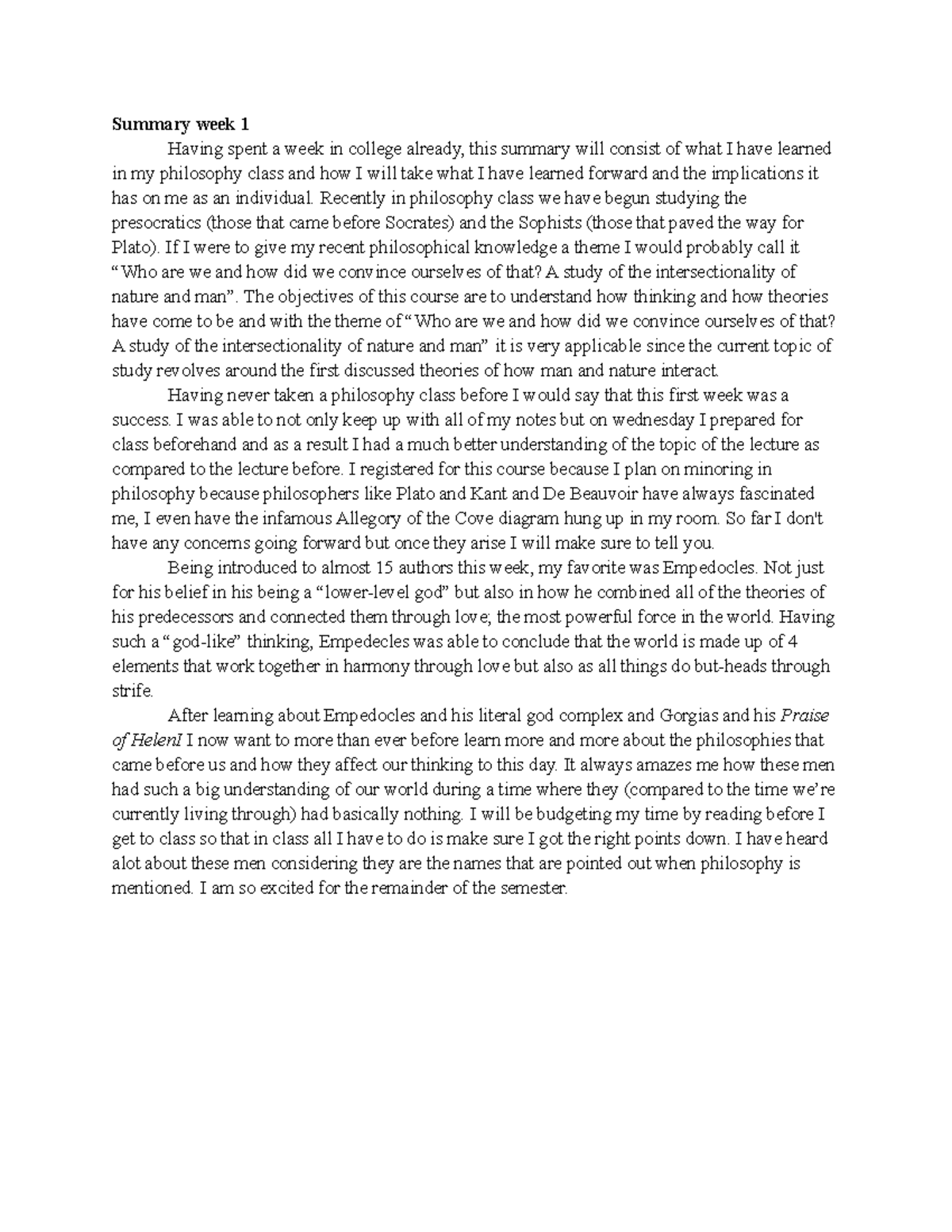 Summary Presocratics and Sopphists - Summary week 1 Having spent a week ...