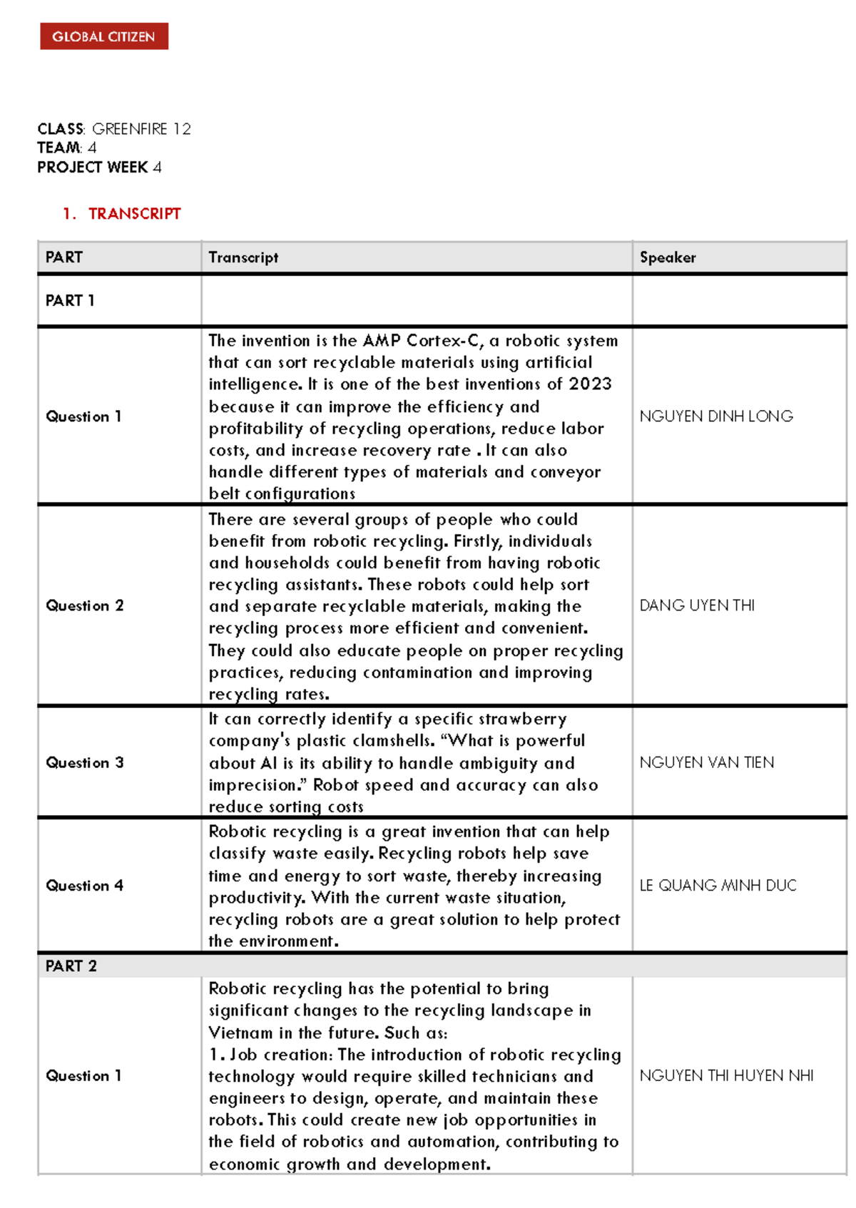 Transcript Greenfire 12 - Team 4 - CLASS: GREENFIRE 12 TEAM: 4 PROJECT ... Transcript Greenfire 12 - Team 4 - CLASS: GREENFIRE 12 TEAM: 4 PROJECT ...
