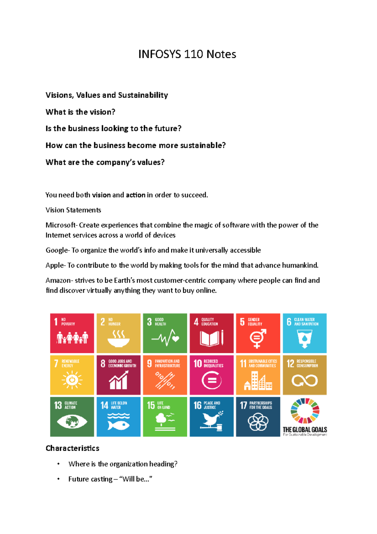 Infosys 110 Notes - INFOSYS 110 Notes Visions, Values and ...