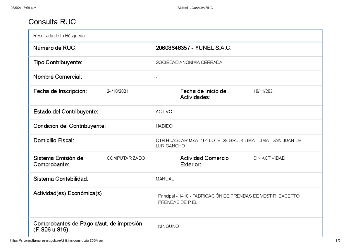 Sunat - Consulta RUC - Consulta RUC Resultado de la Búsqueda Número de ...