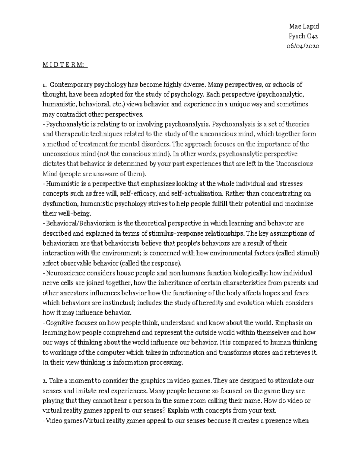 Psych Midterm - Concept Map, Questions, HW - Mae Lapid Pysch C 06/04/ M ...