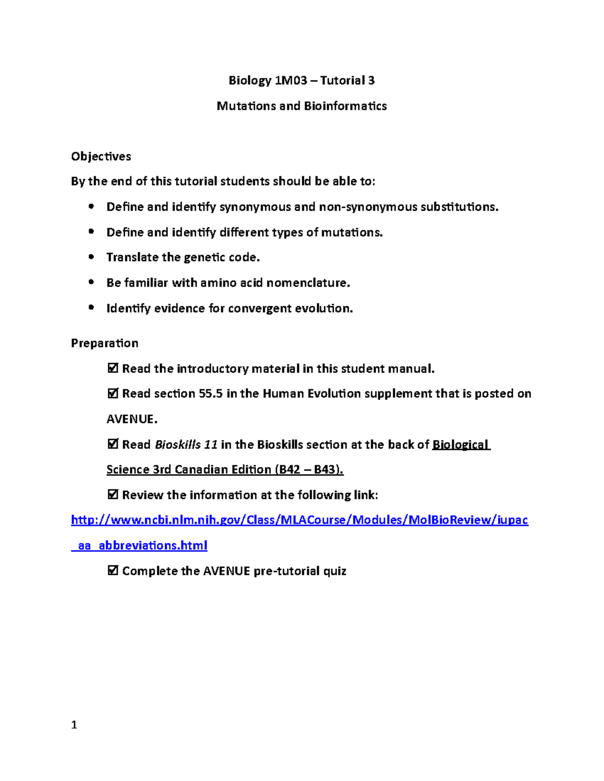 Tutorial 3 student guide- bio1m03 fall 2021 - Biology 1M03 – Tutorial 3 Mutations and ...