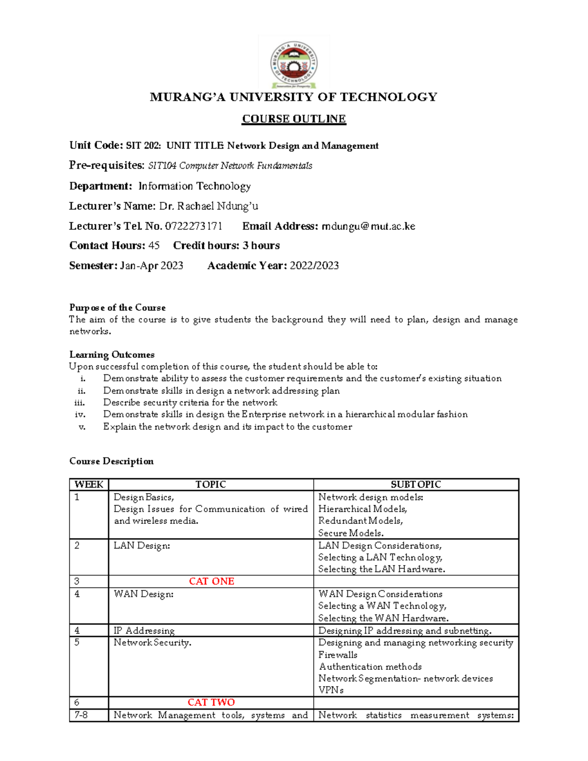 SIT 202 Network Design and Management - MURANG’A UNIVERSITY OF ...
