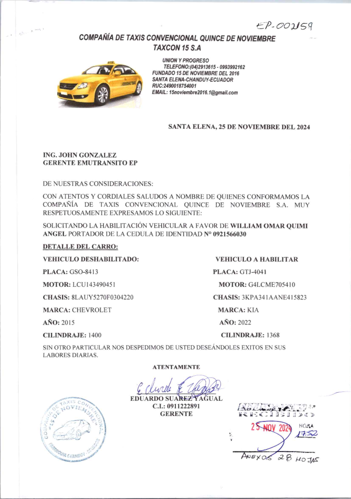 EP-002159 - SADA - COMPAÑÍA DE TAXIS CONVENCIONAL QUINCE DE NOVIEMBRE ...