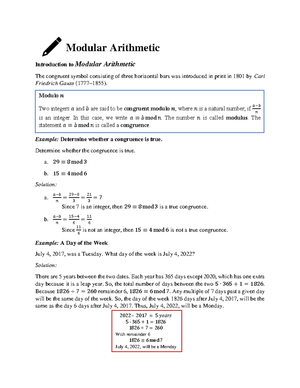 Modular Arithmetic Lesson Outline Modular Arithmetic Introduction