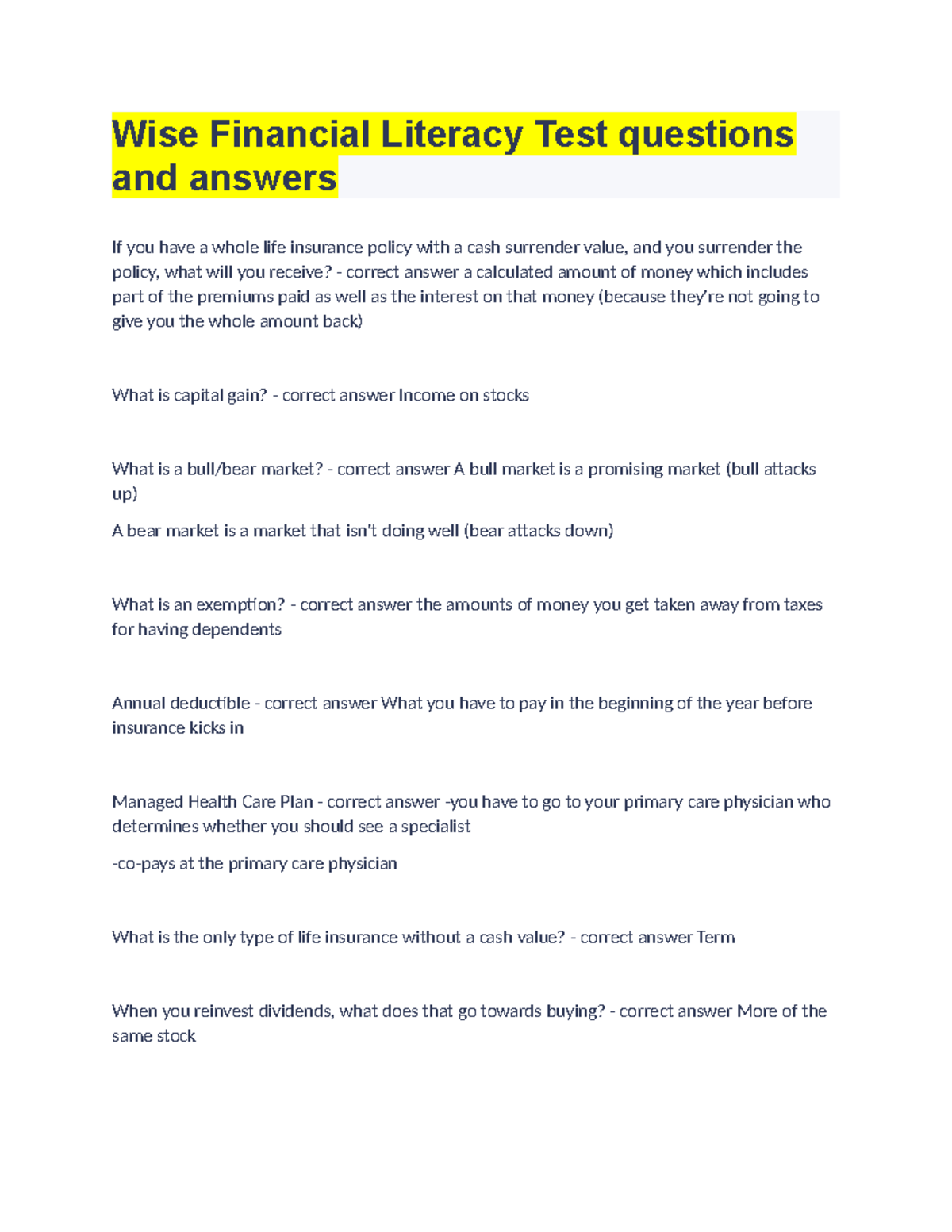 Wise Financial Literacy Test questions and answers - Studocu