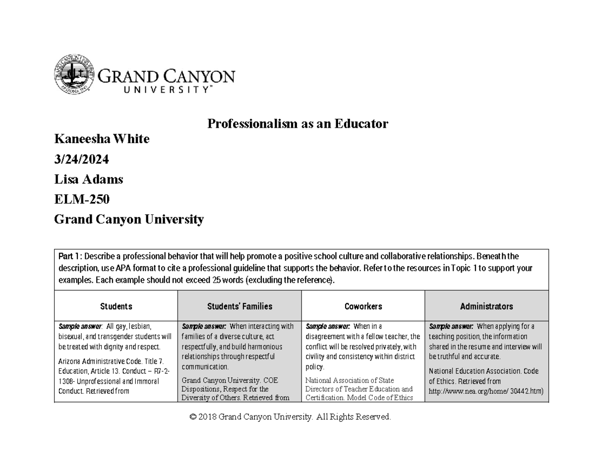 ELM-250-Professionalism Educator Table KW - Professionalism as an ...