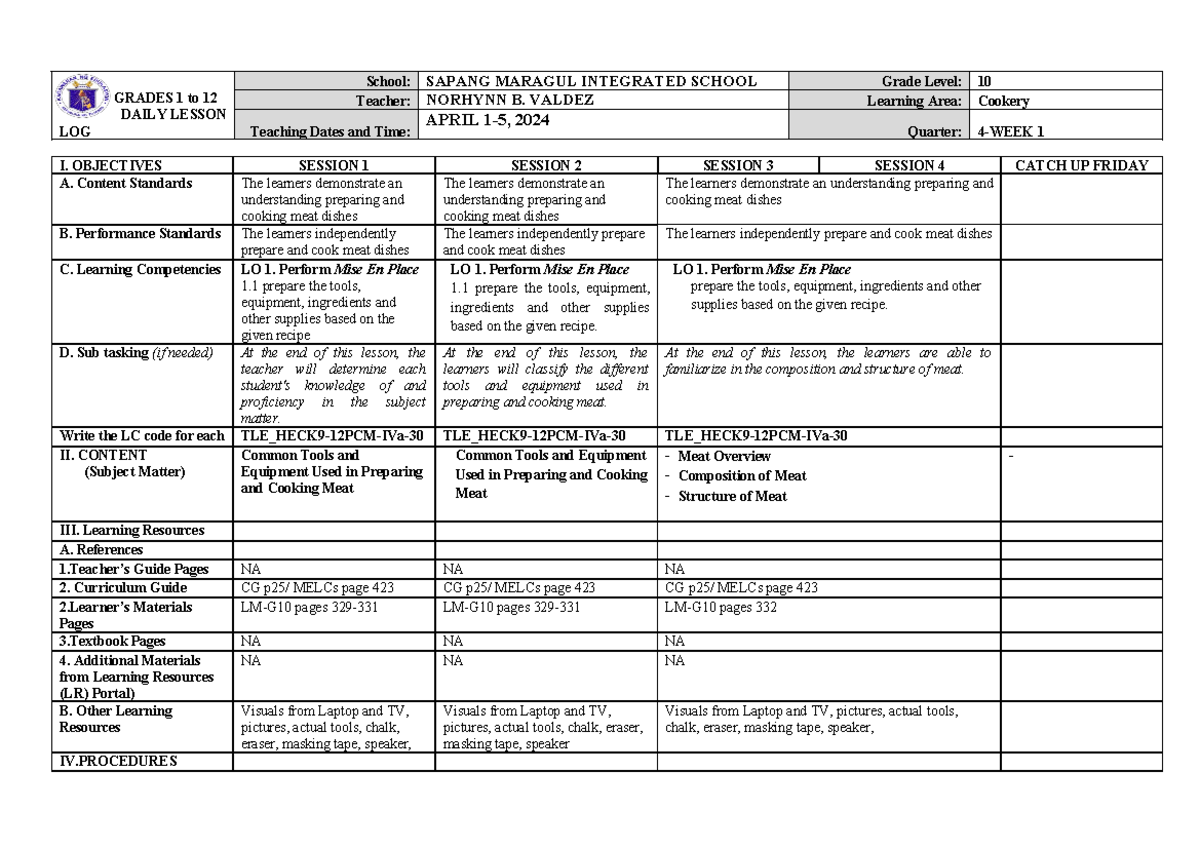 Cookery 10 DLL Q4 - n/a - GRADES 1 to 12 DAILY LESSON LOG School ...