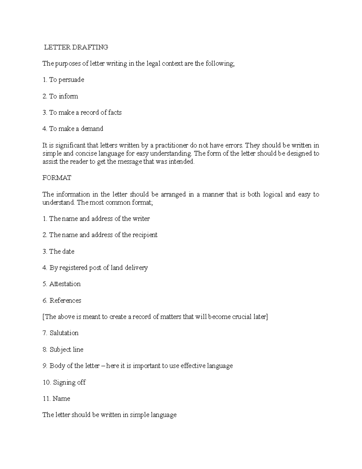 Legal Drafting notes-Online sourced - LETTER DRAFTING The purposes of ...