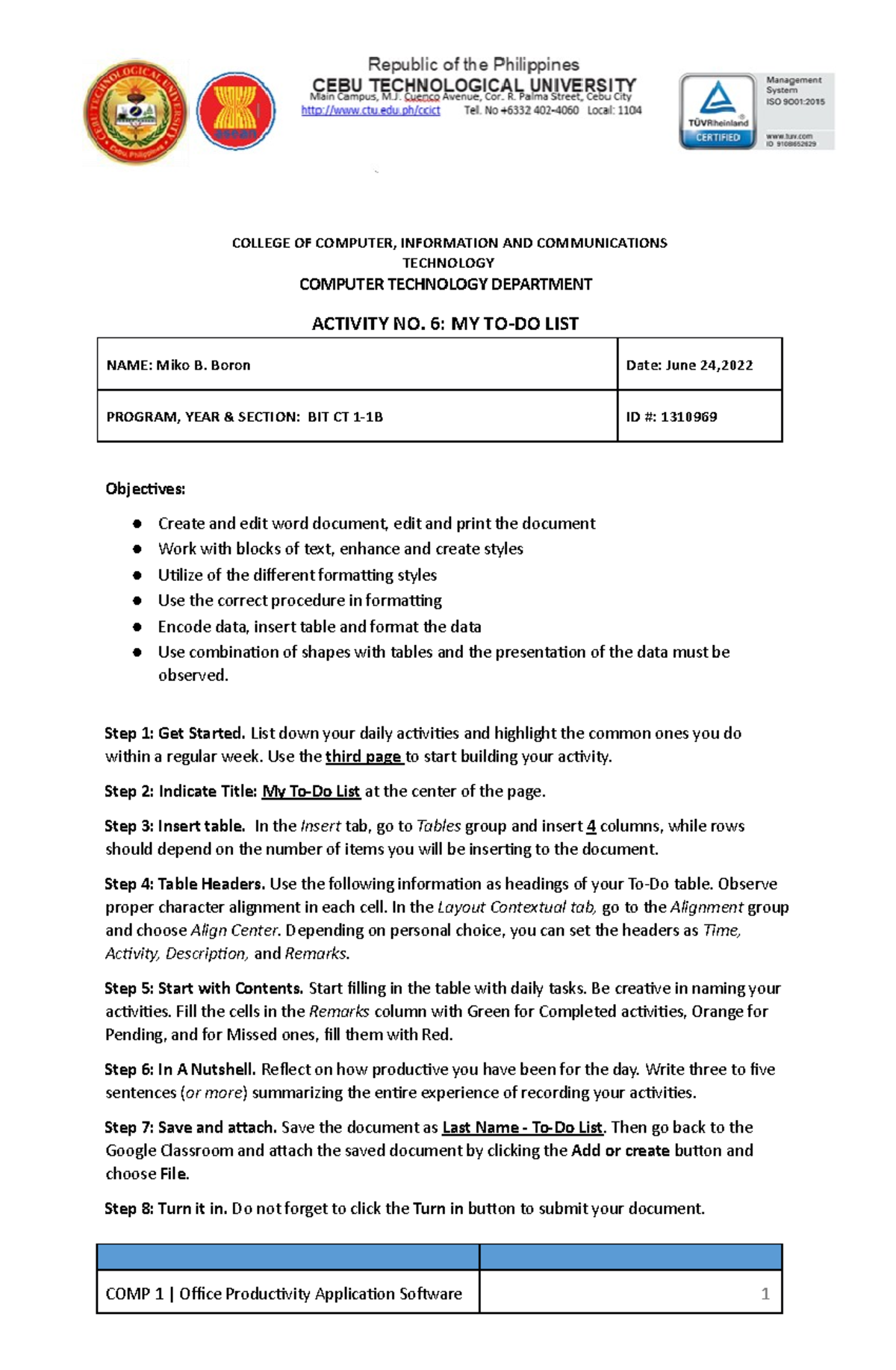 Boron My To Do List - ..... - COLLEGE OF COMPUTER, INFORMATION AND COMMUNICATIONS TECHNOLOGY ...