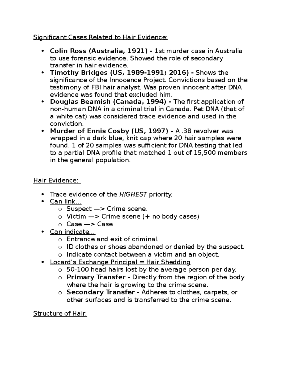 FS 120 Lect. 7 Notes - Significant Cases Related to Hair Evidence ...