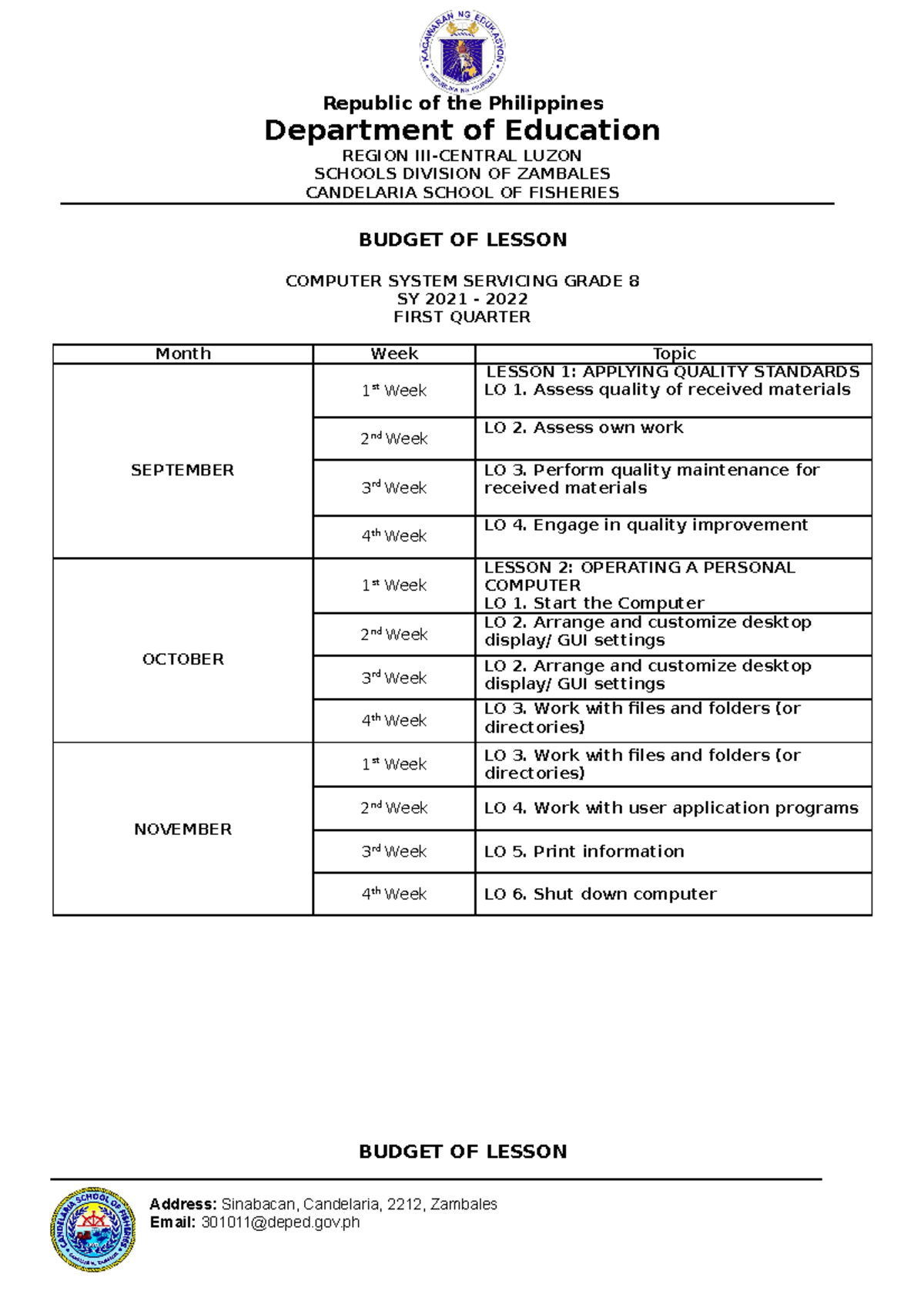 Budget-of-Lesson CSS8 - Republic of the Philippines Department of ...