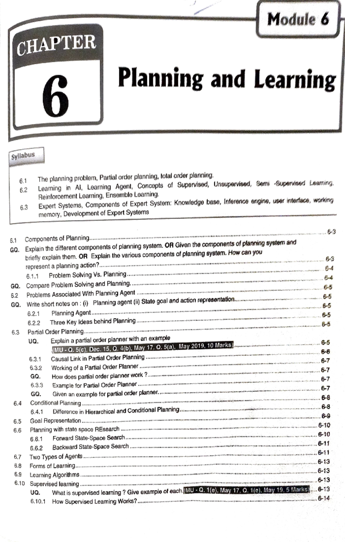 Ai module 6 and 5 - Module 6 CHAPTER 6 Planning and Learning Syllabus 6 The planning problem ...