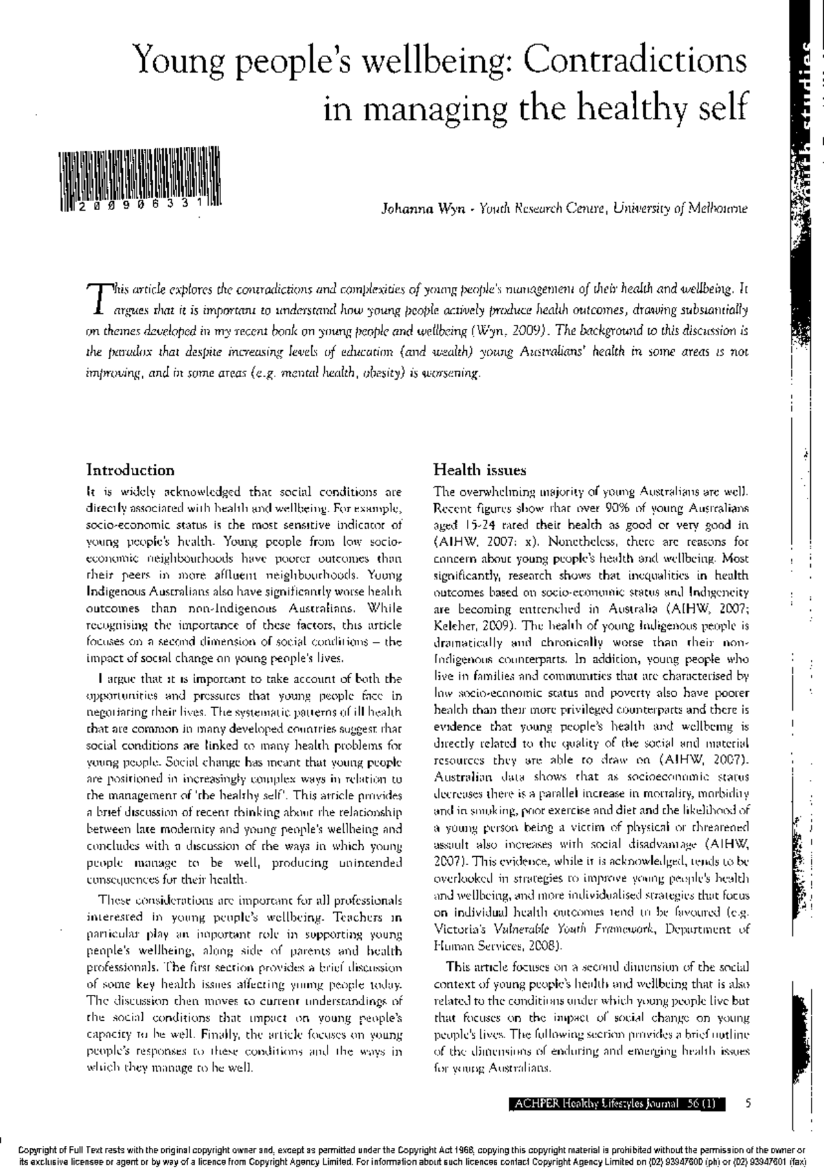 Johanna Wyn - Young people's wellbeing - Young people's wellbeil1g ...