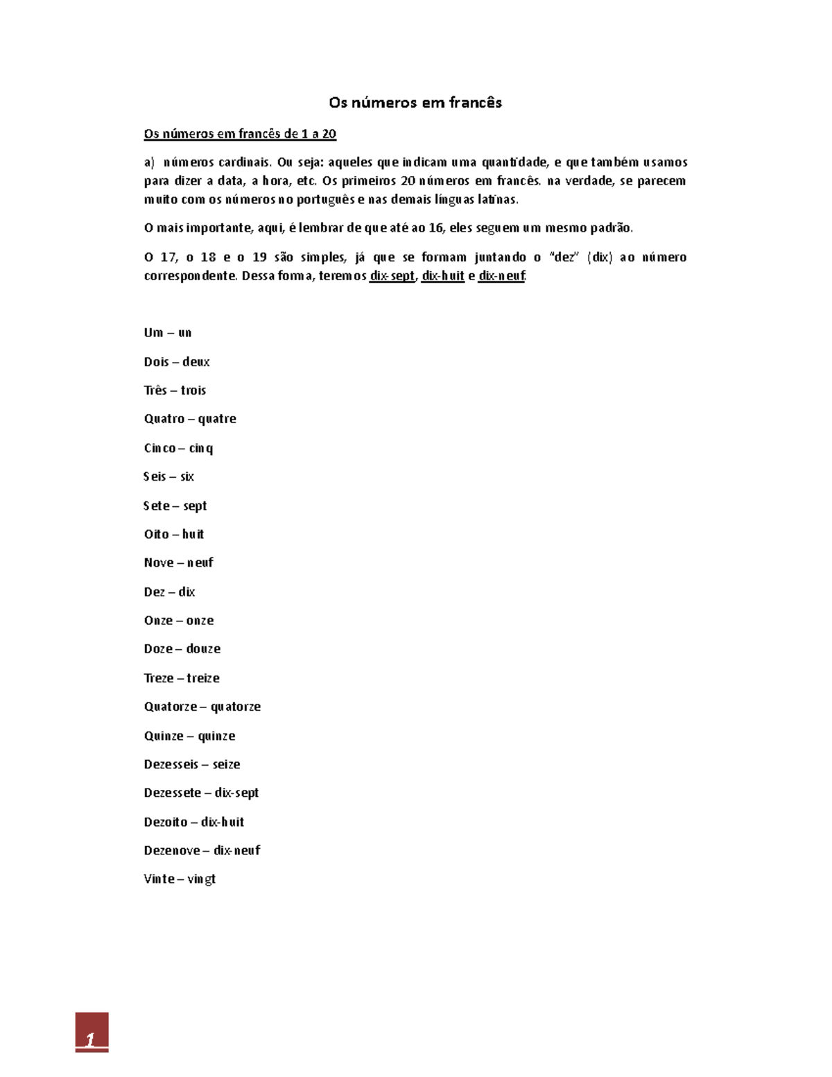 Les chiffres en français - 1 Os números em francês Os números em ...