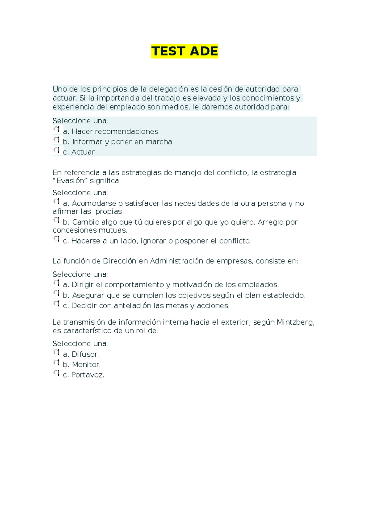 TEST ADE - Aquí os dejo este test de ADE, tiene preguntas tanto del ...