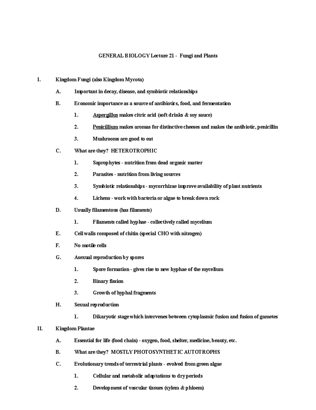 Lecture 21 BIO Notes - Fungi - GENERAL BIOLOGY Lecture 21 - Fungi and ...