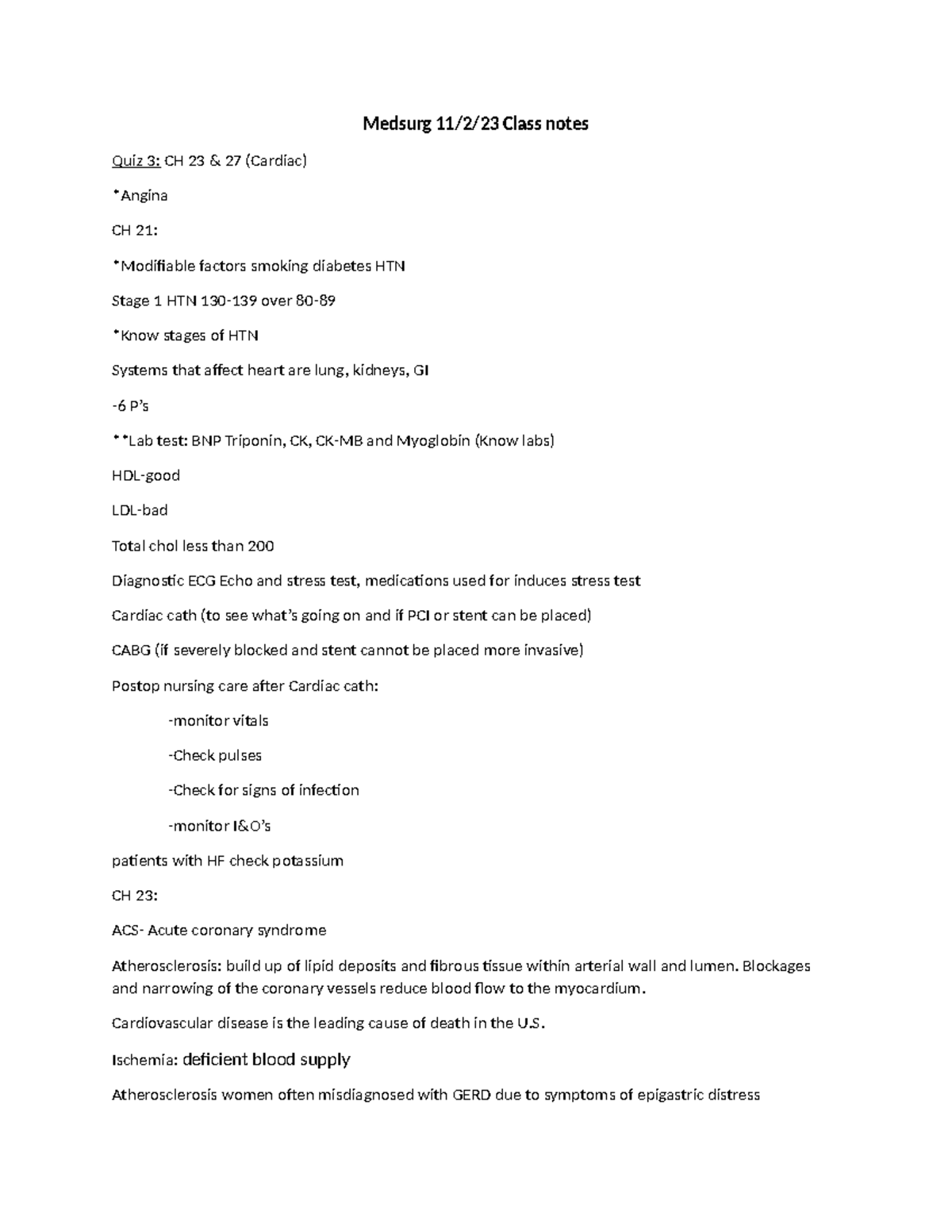 Medsurg 11-2-23 class notes and quiz info - Medsurg 11/2/23 Class notes ...