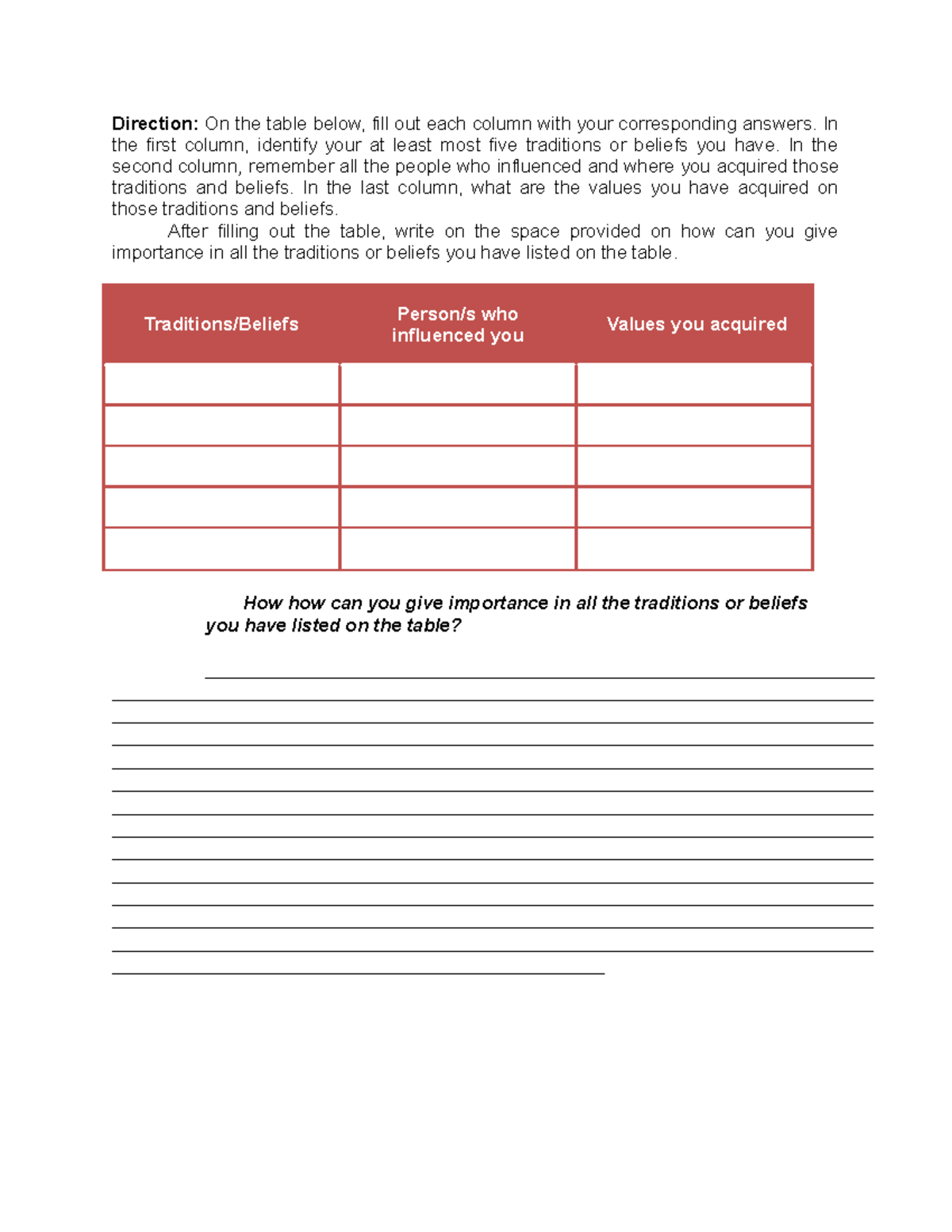 Lesson 3 Activity 1 About Traditions and beliefs - Direction: On the ...