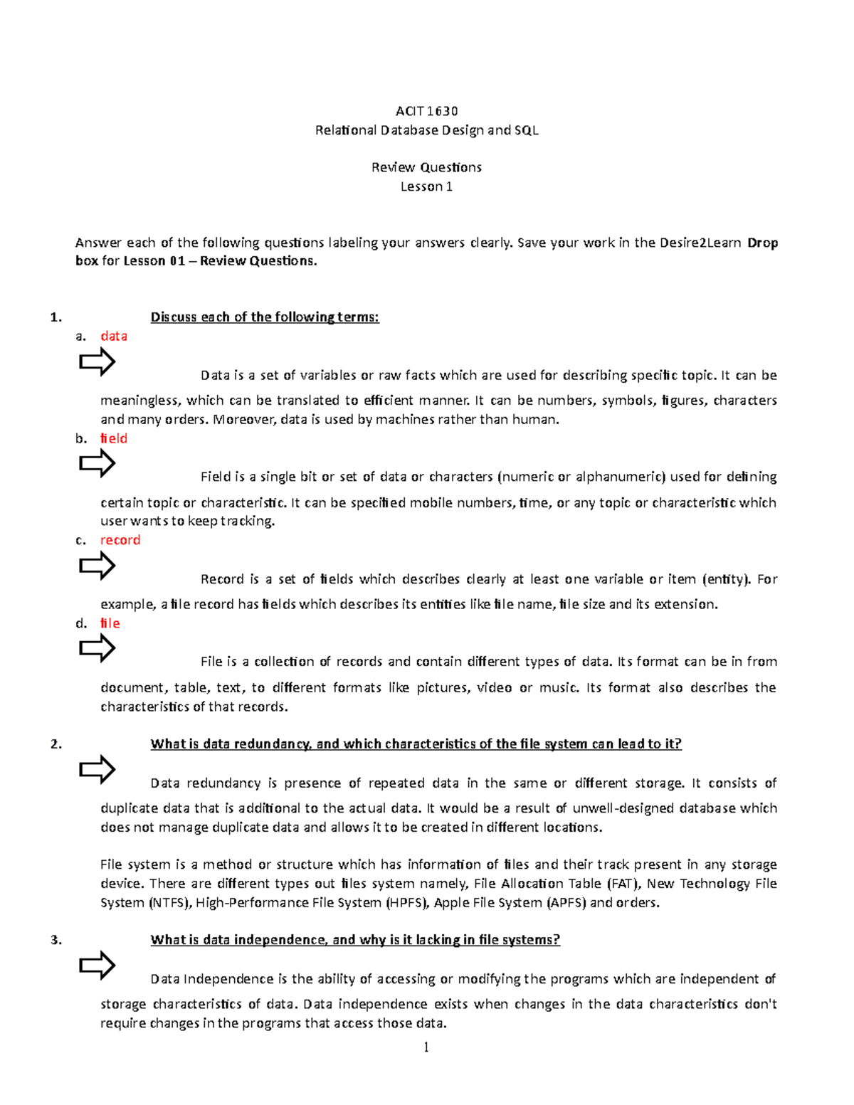 Review Questions Chapter 1 - ACIT 1630 Relational Database Design and SQL Review Questions ...