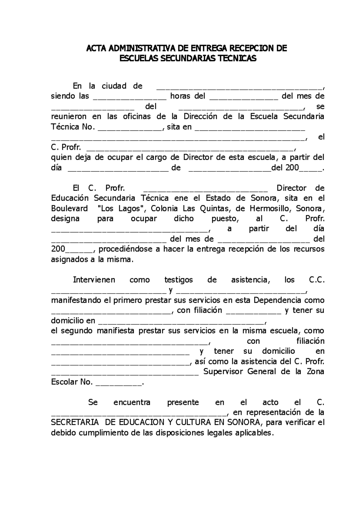 ACTA Entrega- Recepcion - ACTA ADMINISTRATIVA DE ENTREGA RECEPCION DE ESCUELAS SECUNDARIAS ...