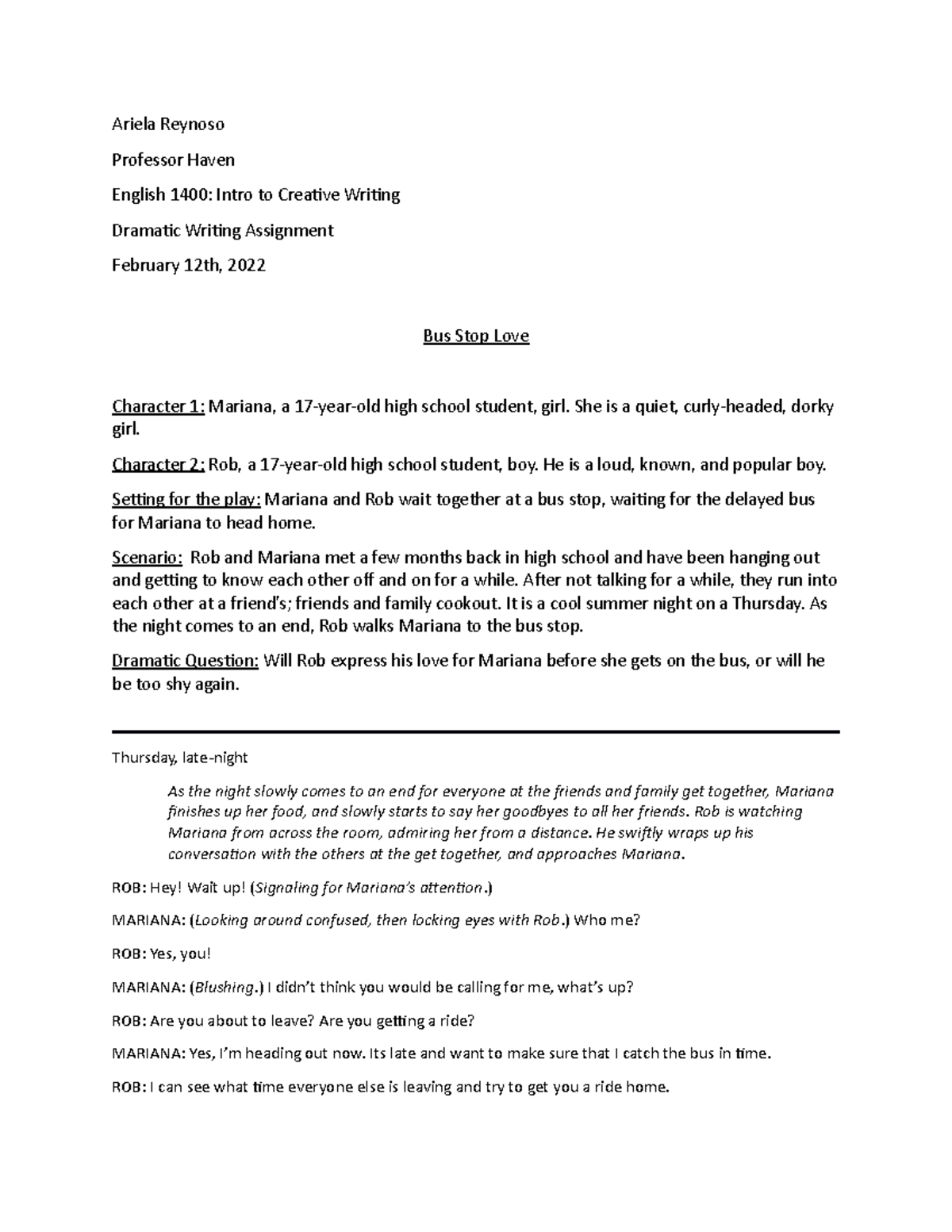 Dramatic Writing Assignment - Ariela Reynoso Professor Haven English ...
