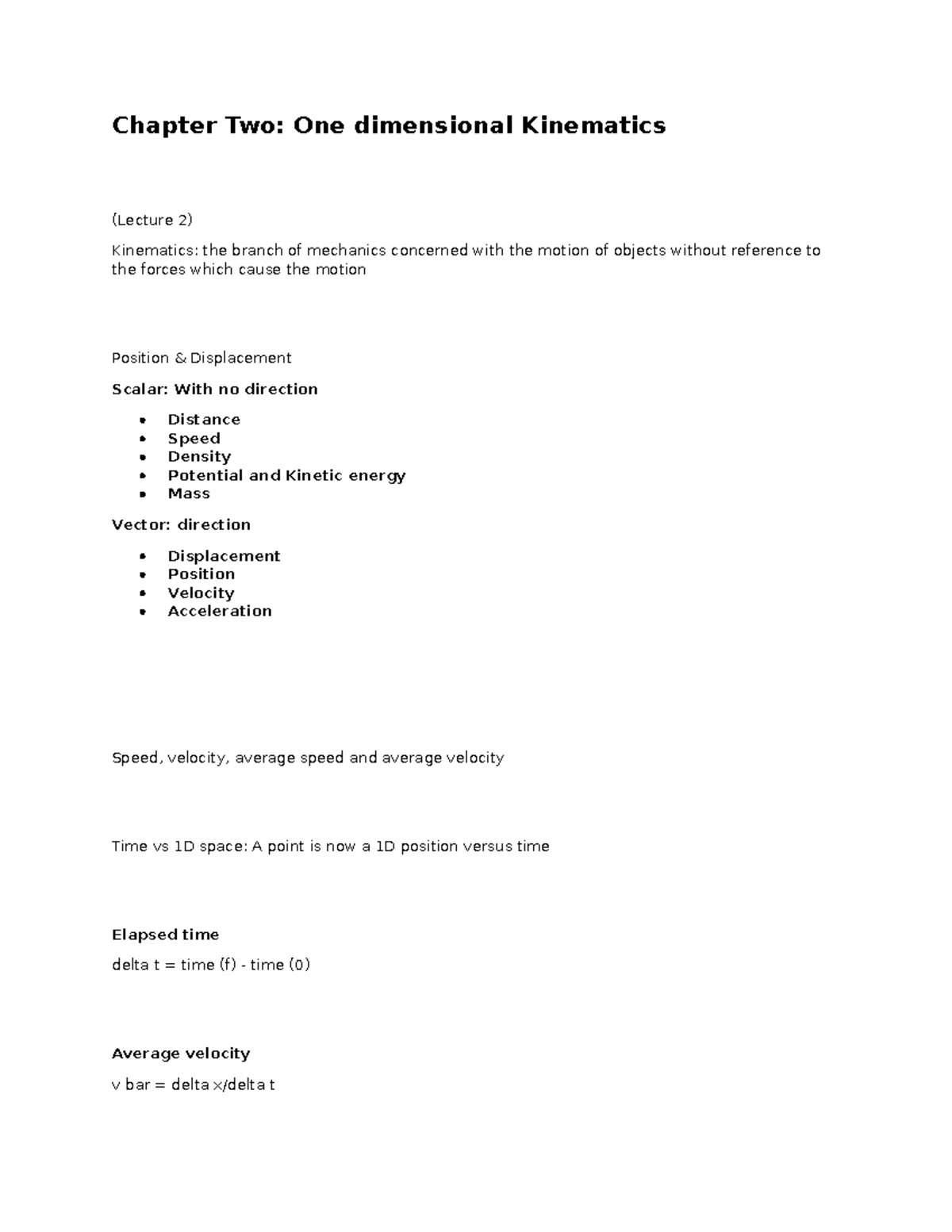 Chapter 2 1D Kinematics PHYS107 - Chapter Two: One dimensional ...