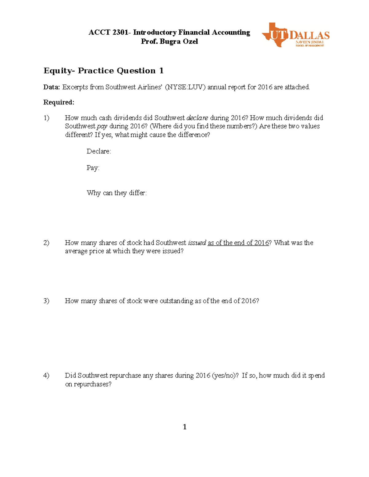 Equity- Additional Practice Questions - Prof. Bugra Ozel Equity ...