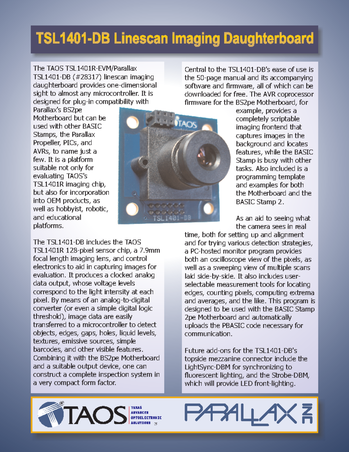 TSL1401-DB brochure - TheTAOSTSL1401R-EVM/Parallax TSL1401-DB(#28317)linescanimaging - Studocu