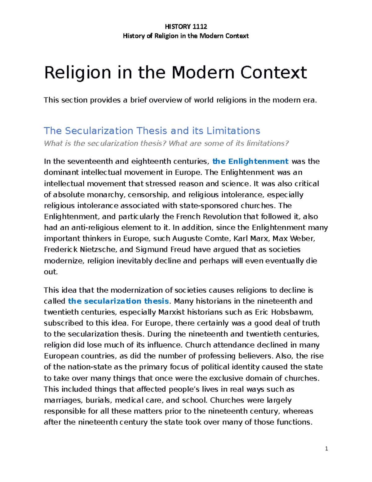 HIST 1112 - History of Religion in the Modern Context - History of ...