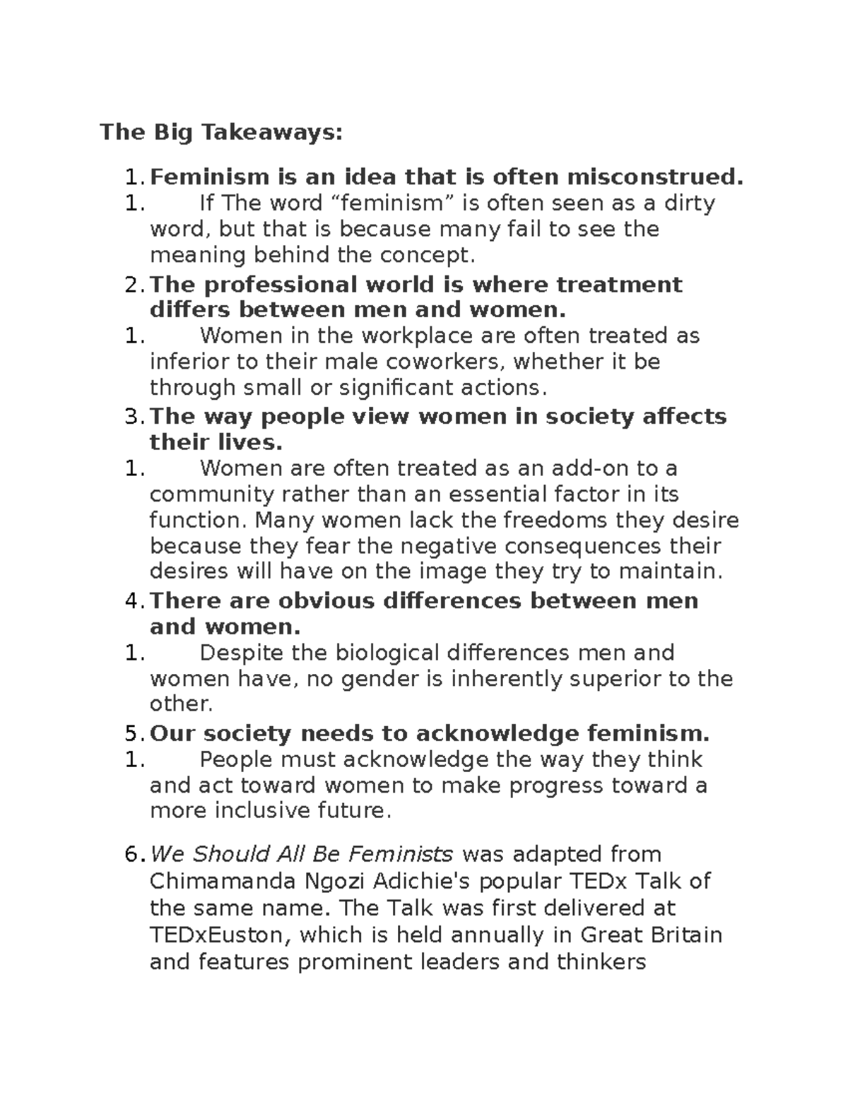 We all should be feminist summary - The Big Takeaways: Feminism is an ...