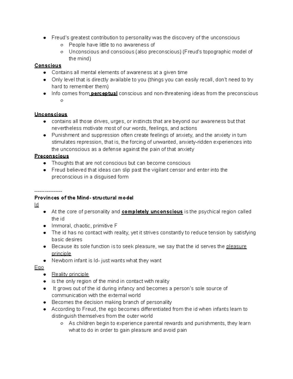 Personality notes - Freud’s greatest contribution to personality was ...