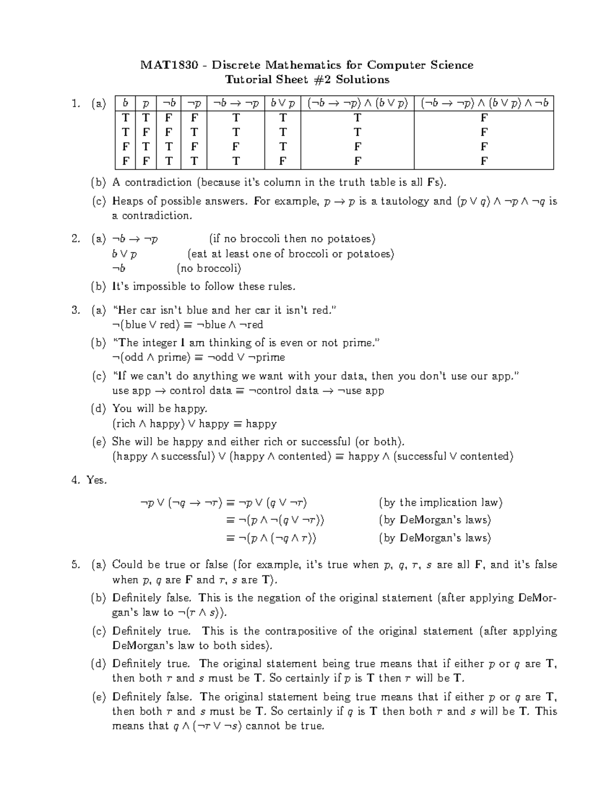 Tute2Solns - tute 2 solution - MAT1830 - Discrete Mathematics for Computer Science Tutorial ...