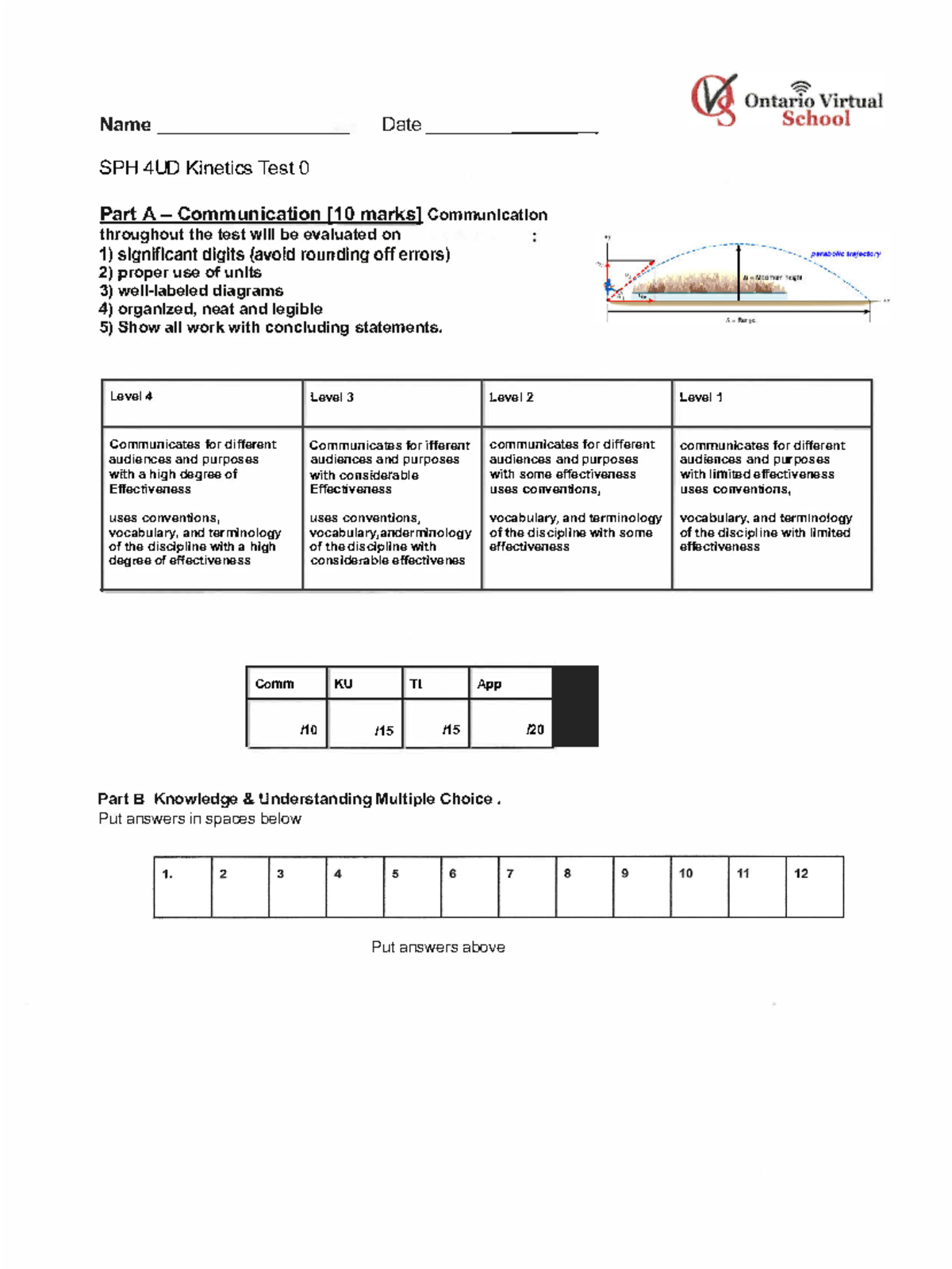 Kinetics Physics Test - Grade 12 - OVS - 2024 - Summer School ...