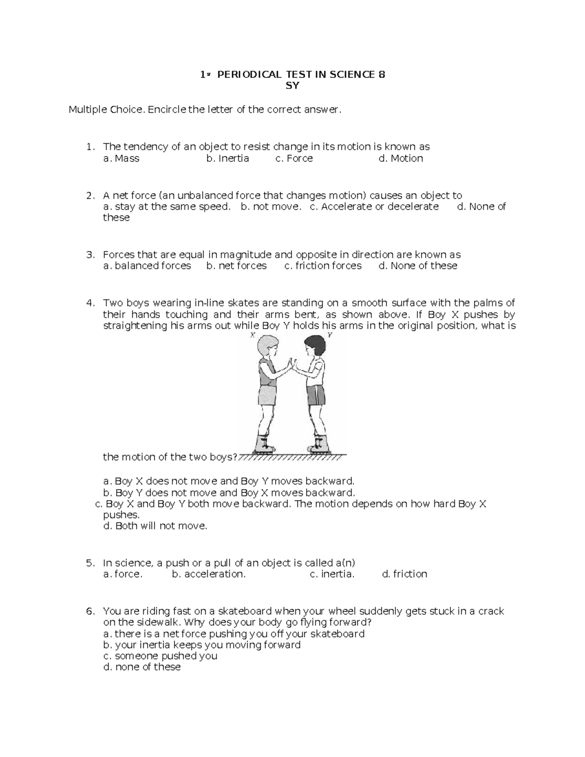 Pretest sci 2024 - Pre test in science - 1 ST PERIODICAL TEST IN ...