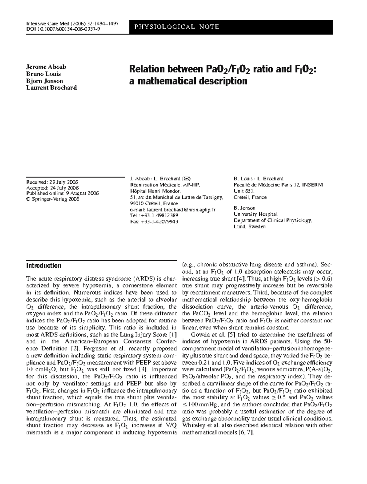Relation between PaO2/FIO2 ratio and FIO2: a mathematical description ...