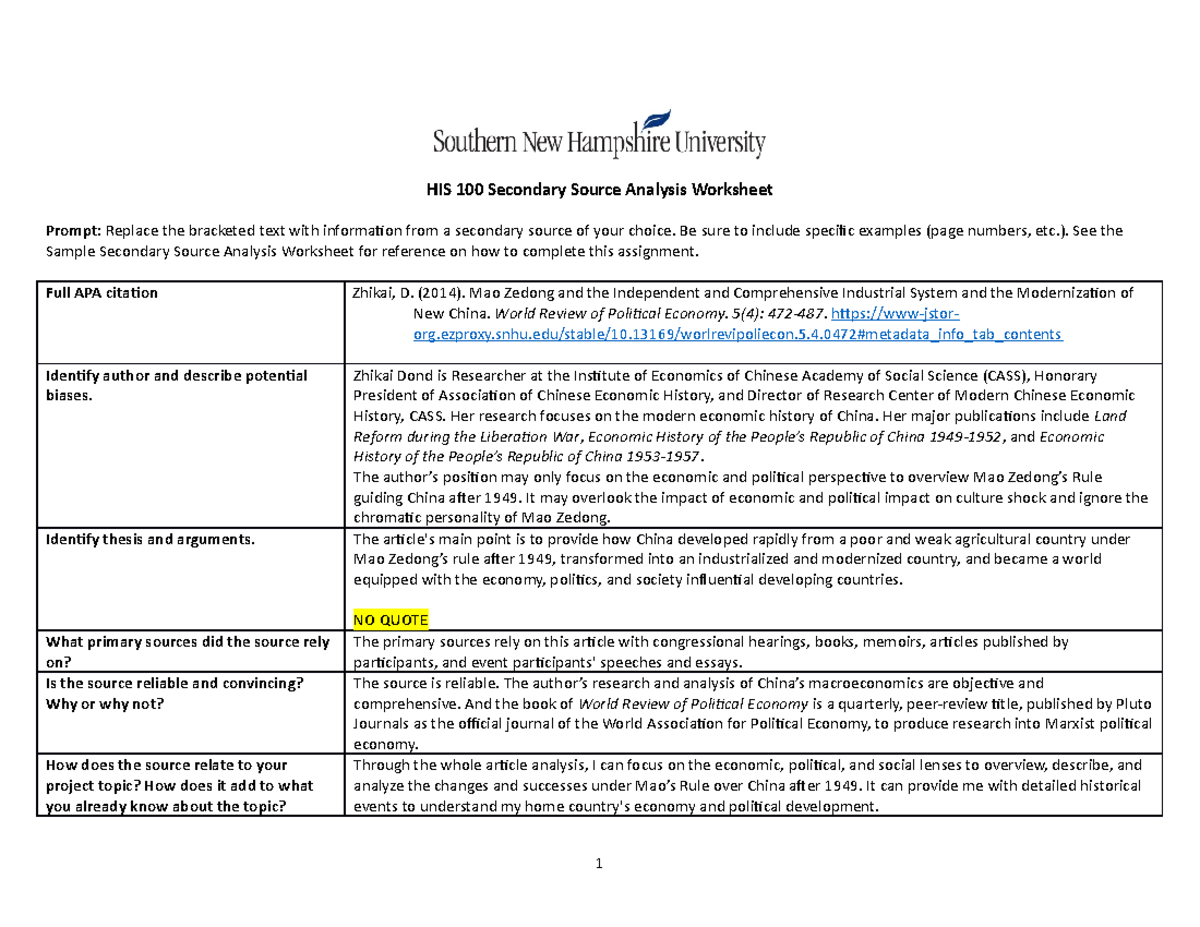 3-4 Secondary Source Analysis Worksheet - HIS 100 Secondary Source ...