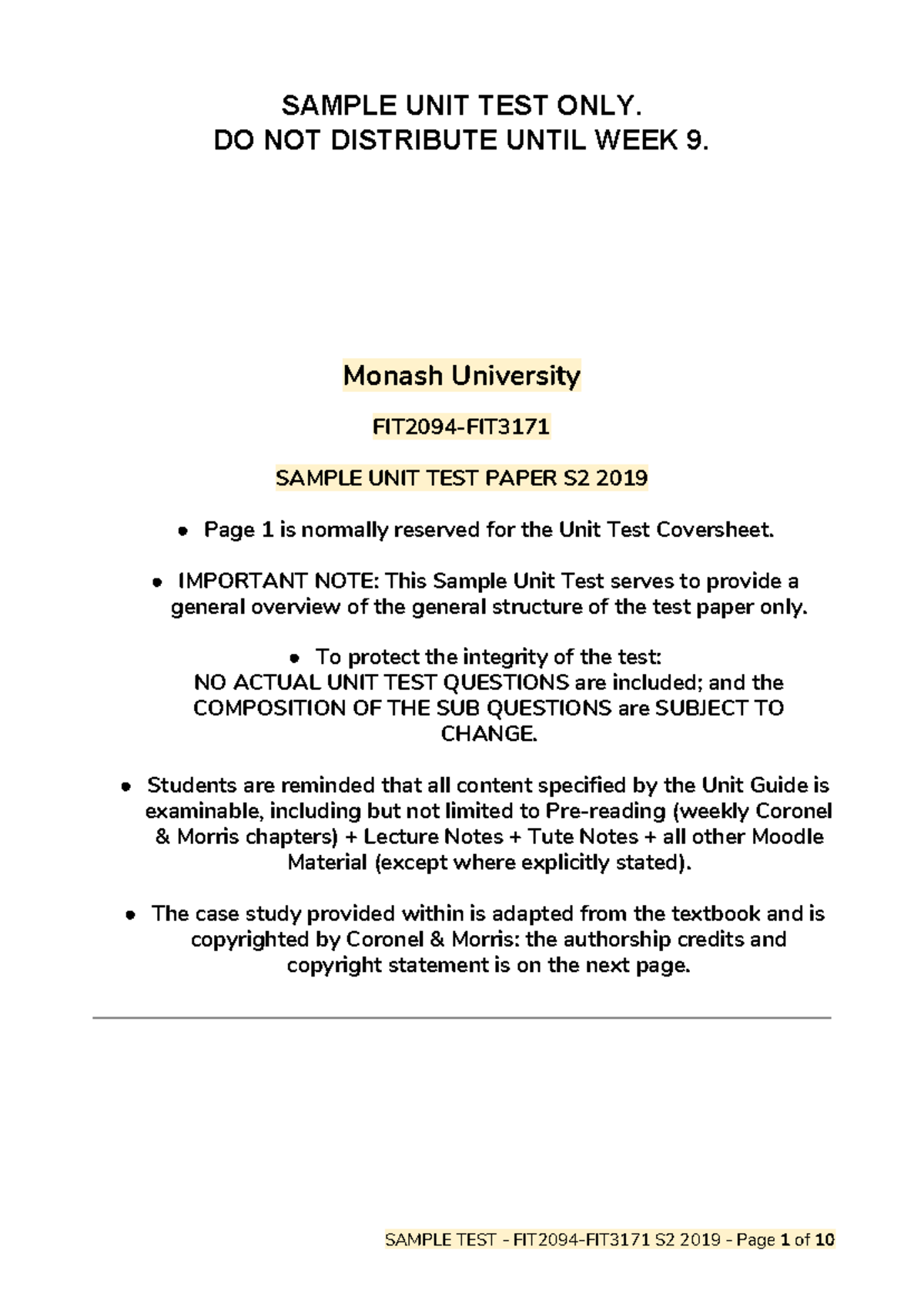 FIT2094-FIT3171 Sample Unit Test 2019 - SAMPLE UNIT TEST ONLY. DO NOT ...