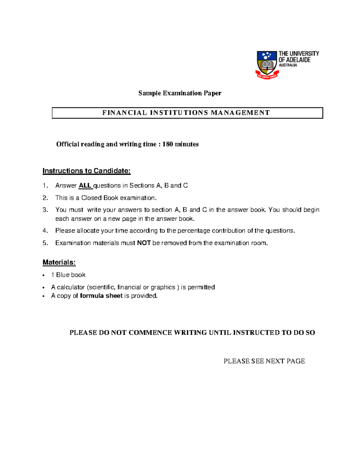 Sample Exam- FIM S1 22 - solutions - Sample Examination Paper F I N A N ...