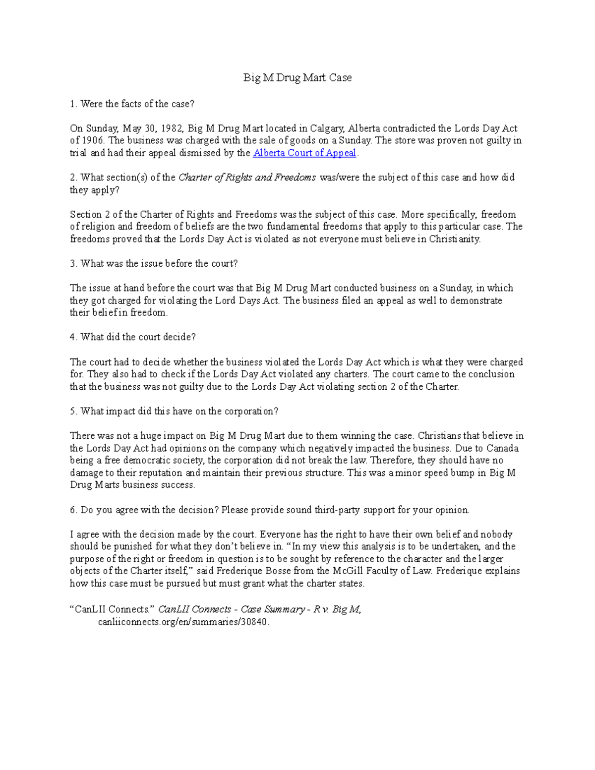 Big M Drug Mart Case - case study - Big M Drug Mart Case Were the facts ...