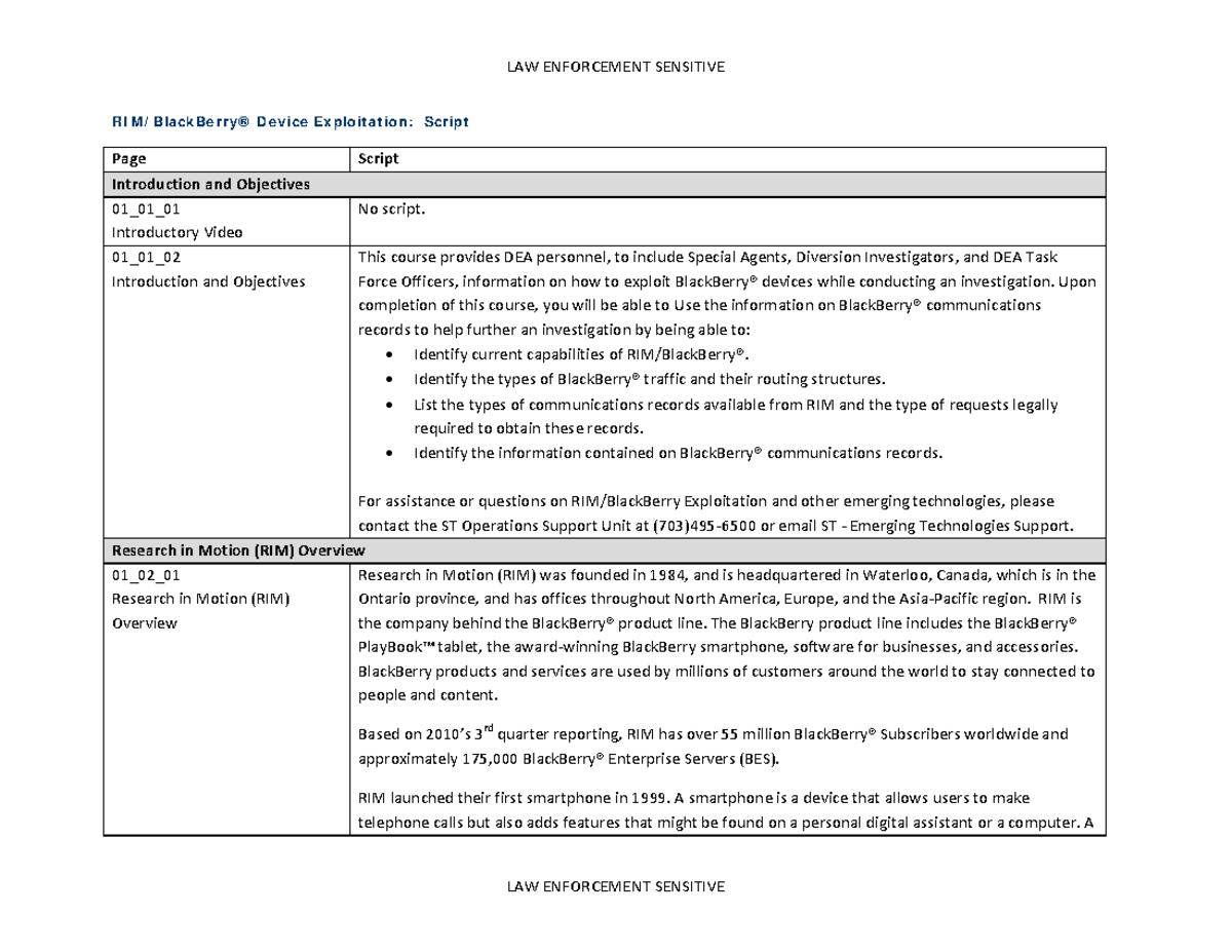 LAW Enforcement Sensitive LAW Enforcemen - RI M / Bla ck Be r r y® D e ...