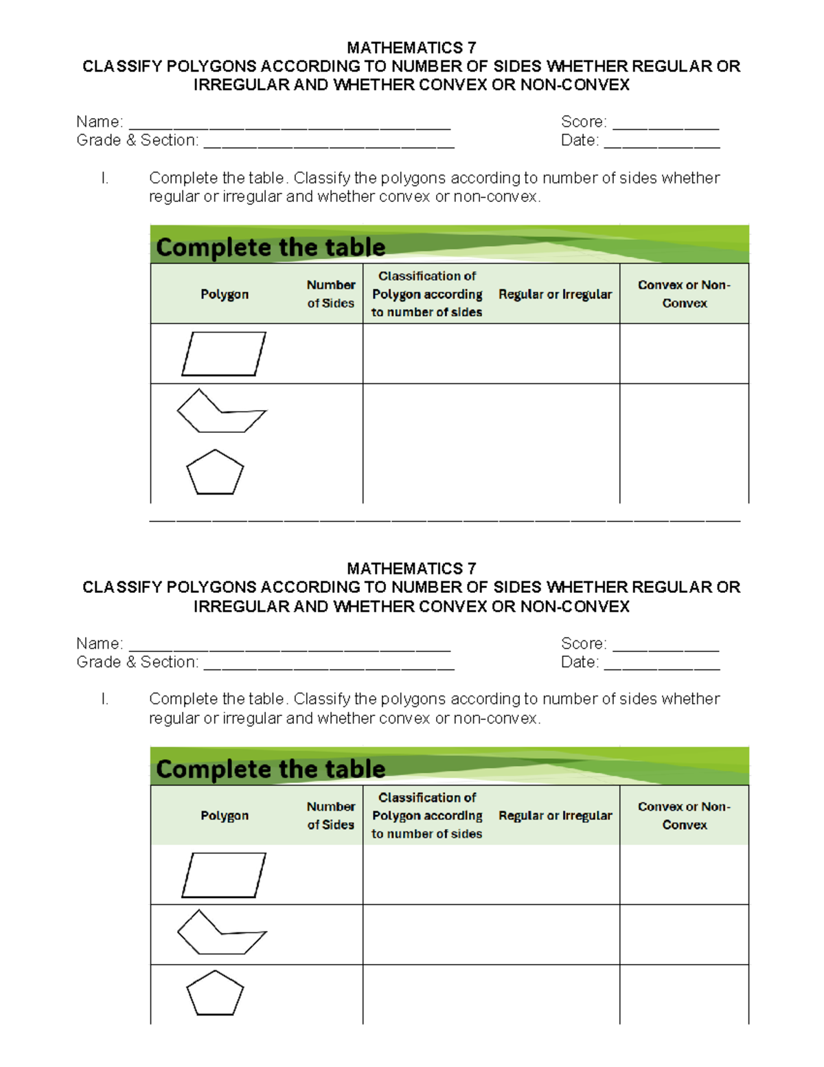 Evaluating Worksheet - MATHEMATICS 7 CLASSIFY POLYGONS ACCORDING TO ...