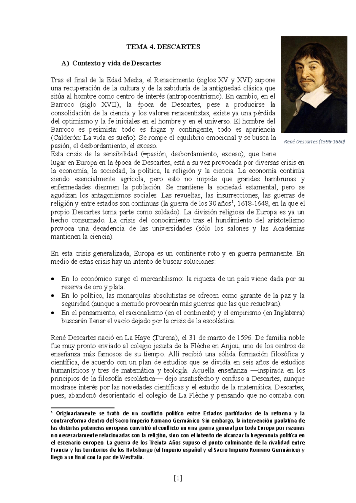 TEMA 4. Descartes - completo - TEMA 4. DESCARTES A) Contexto y vida de ...